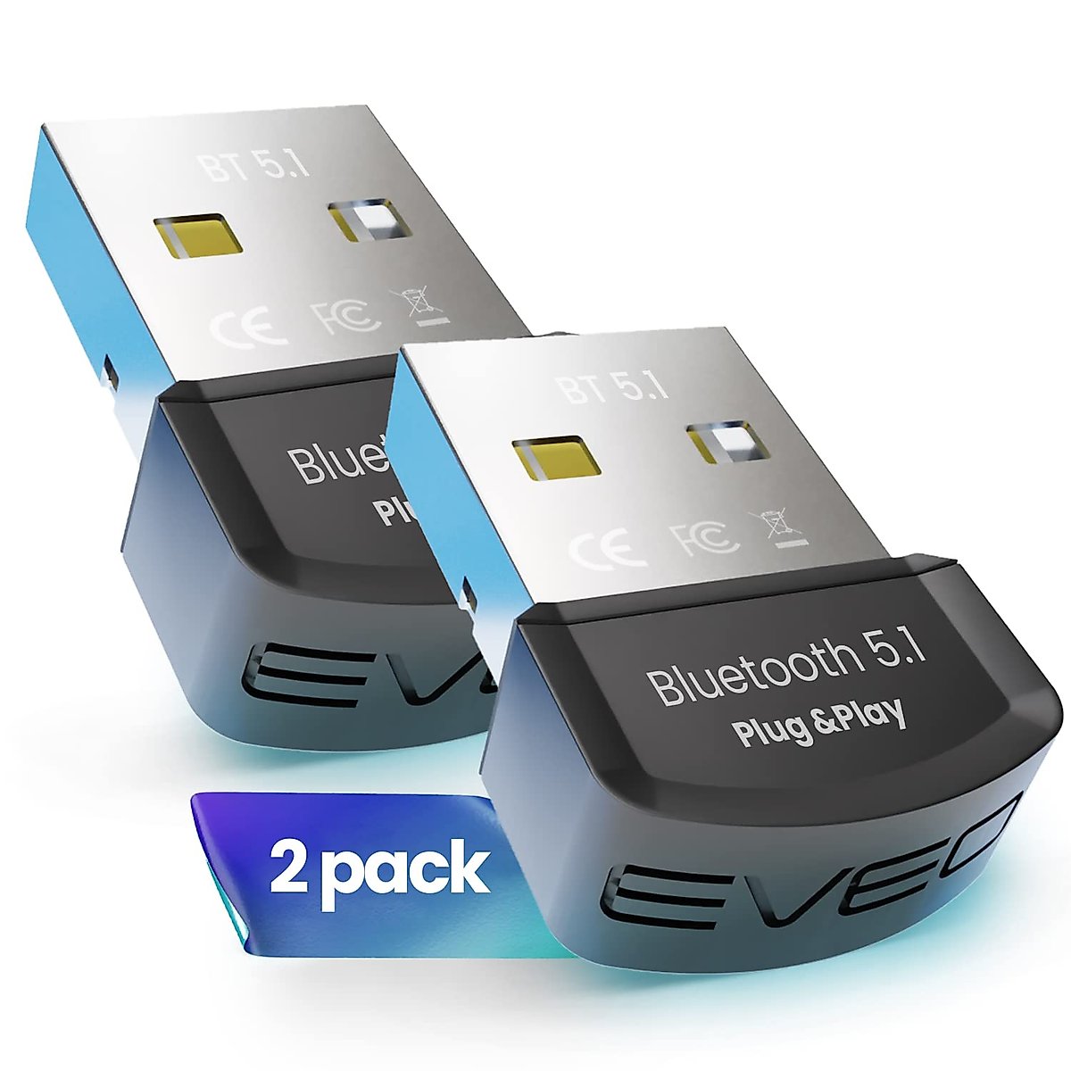 EVEO Bluetooth Adapter for PC 5.1 - Bluetooth Dongle 5.1 Adapter for Windows 10 Only (Plug & Play) for Desktop, Laptop, Printers, Keyboard, Mouse, Headsets, Speakers - USB Bluetooth 5.1 Dongle -2 Pack