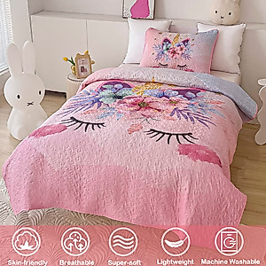 Twin Size Quilt Set for Girls 2-Piece Pink Unicorn Kids Comforter Bedding Set Stars Flowers Reversible Quilted Bedspread Coverlet Lightweight Bed Sheet Set Cover Throw Blanket with Pillow Sham