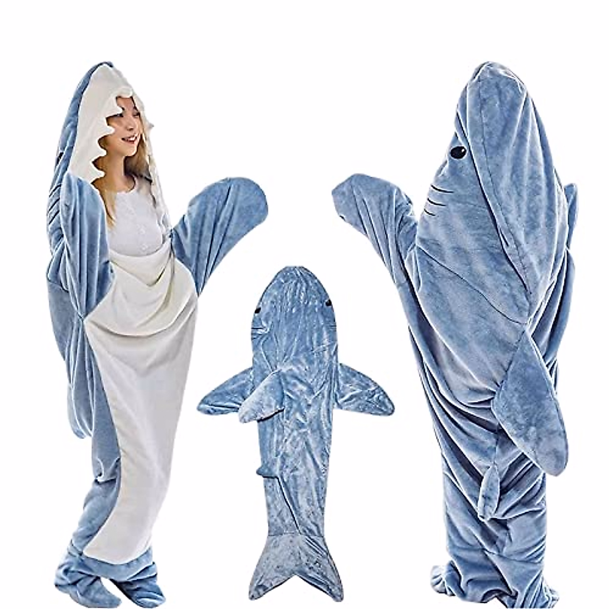 LELEBEAR Shark Blanket, Shark Blanket Adult, Shark Blanket Hoodie, Shark Onsie, Shark Wearable Blanket Adult Cozy Flannel Hoodie (Blue White, 82.6"*35.4"(XL))