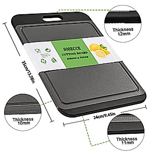 SOSECCE Cutting Board Plastic with Juice Grooves and One-Piece Non-Slip Silicone Handles, 14 x 9.5 x 0.4 Inch Kitchen Chopping Board, Dishwasher Safe BPA Free (Black+Grey)