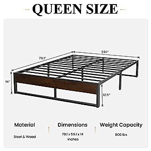 SHA CERLIN 14'' Queen Size Metal Platform Bed Frame with Rustic Wood & Reverse Holes/Ample Under-Bed Storage Space/Mattress Foundation/No Box Spring Needed/Easy Assembly/Noise Free