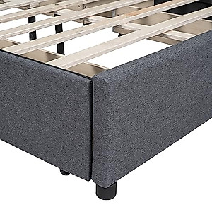 WADRI Modern Queen Size Upholstered Platform Bed with Classic Headboard and 4 Drawers, Linen Fabric Platform Bed Frame with Wood Slat Support for Kids Teens Adult Bedroom (Gray + Linen-4)