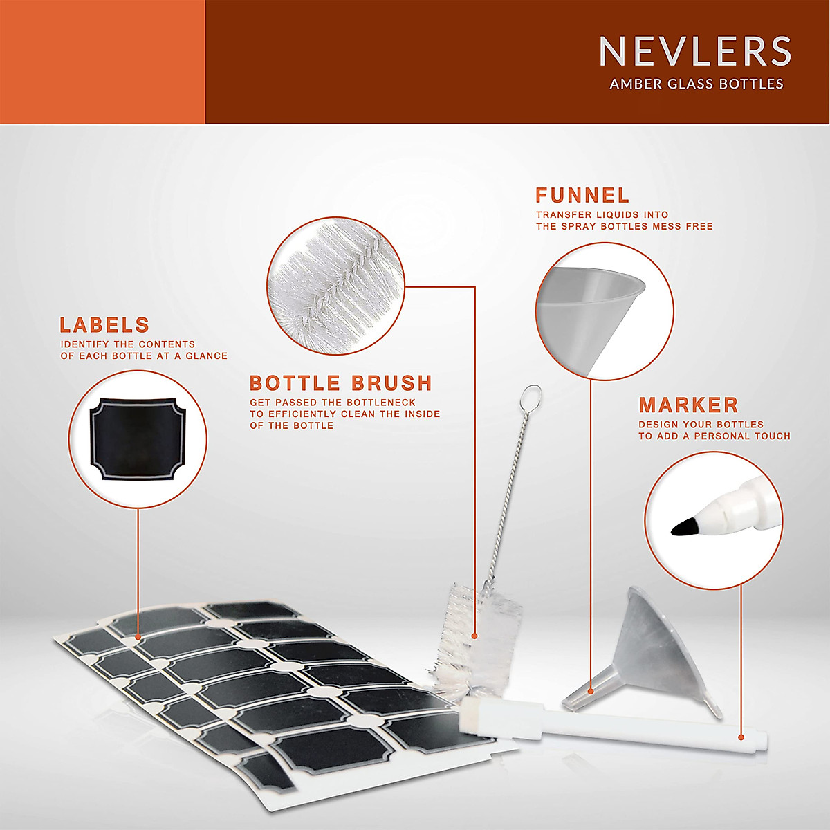 Nevlers 18 Pack 8 oz Amber Glass Bottles with Caps | The Brown Leak Proof Glass Bottles Includes Caps, Funnel, Brush, White Marker and Labels to Easily Identify the Contents