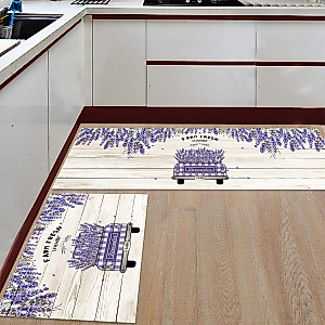 Kitchen Rug Set of 2 Piece Truck With Lavender Floor Mats Non-Slip Area Runner Carpet Washable Carpet Indoor Doormat Pad Sets, Farm Fresh Flower Farmhouse Purple Floral Wood 19.7x31.5in+19.7x47.2in