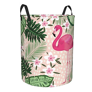 Gbuzozie 38l Round Laundry Hamper Flamingo Palm Leaves Flowers Storage Basket Waterproof Coating Organizer Bin For Nursery Clothes Toys