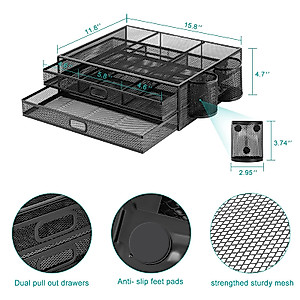 Monitor Stand with Drawer | Monitor Riser with Drawers and 2 Magnetic Pen Holder | Black Mesh Metal Desk Organizer for Computer, PC, Laptop, Printer, Notebook, iMac (Set of 3)