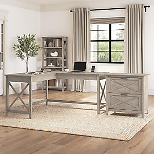 Bush Furniture Key West 60W L Shaped Desk with 2 Drawer Lateral File Cabinet in Washed Gray