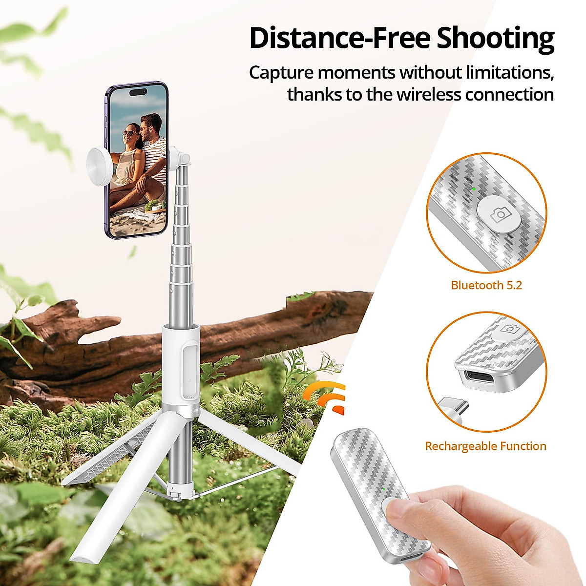 ATUMTEK 55" Selfie Stick Tripod, All-in-one Extendable Aluminum Phone Tripod with Rechargeable Bluetooth Remote for iPhone, Samsung, Google, LG, Sony and More, Fitting 4.7-7 inch Smartphones, White