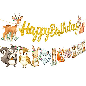 Woodland Animal Happy Birthday Banner Woodland Creatures Banner Decorations 2Pcs Forest Animals Cutout Banners for Woodland Theme Baby Shower Supplies