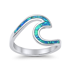 Wave Swirl Band Ring Irregular Shape Lab Created Blue Opal 925 Sterling Silver, Size-6