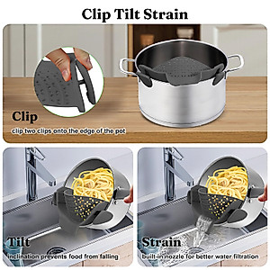 Pasta Strainer and Pot Strainer, Silicone Food Strainer, Adjustable Silicone Clip On Strainer for Pots, Pans, and Bowls, Kitchen Colander (Gray)