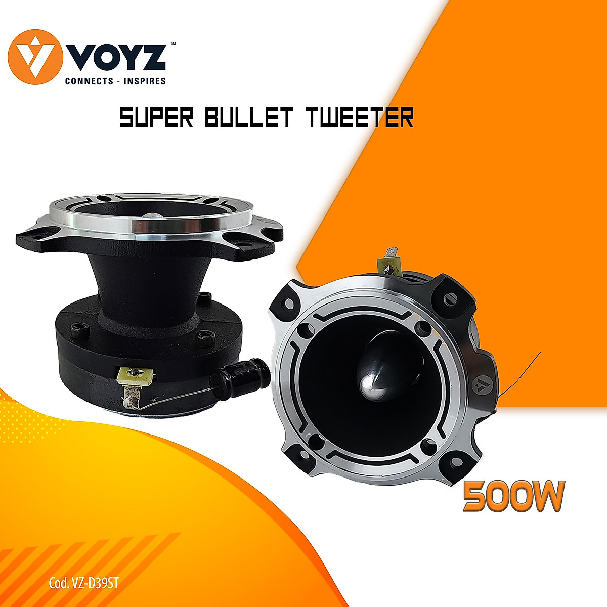 VOYZ 500W Super Tweeter 3.5” Super Horn 2.2KHz - 19KHz | 1” Diaphragm | 4Ω | Heavy Duty Bullet Design | Chrome Finish, Crossover Capacitor | 1 Pair | VZ-D39ST