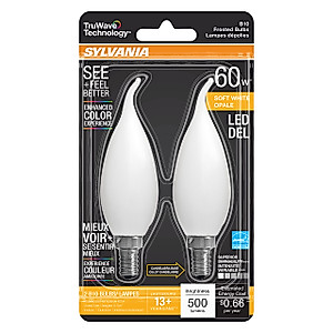 SYLVANIA LED TruWave Natural Series Décor B10 Light Bulb, 60W Equivalent Efficient 5.5W, 500 Lumens, Candelabra Base, Dimmable, Frosted, 2700K, Soft White - 2 pack (40781)