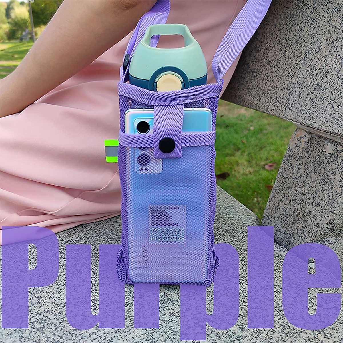 egghat 3Pcs Adjustable Shoulder Strap Water Bottle Carrier Mesh Bag Lightweight Dog Water Bottle Sleeve Crossbody Pouch (Navy/Korean blue/purple)