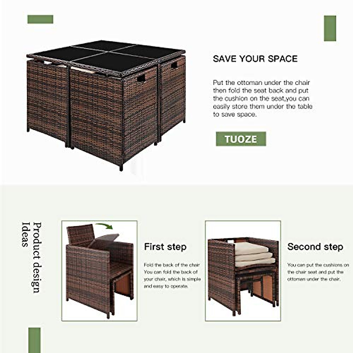 Tuoze 9 Pieces Furniture Dining Outdoor Sectional Rattan Patio Conversation Space Saving Cushioned Sets with Glass Table for Garden Poolside Balcony (Brown), Beige