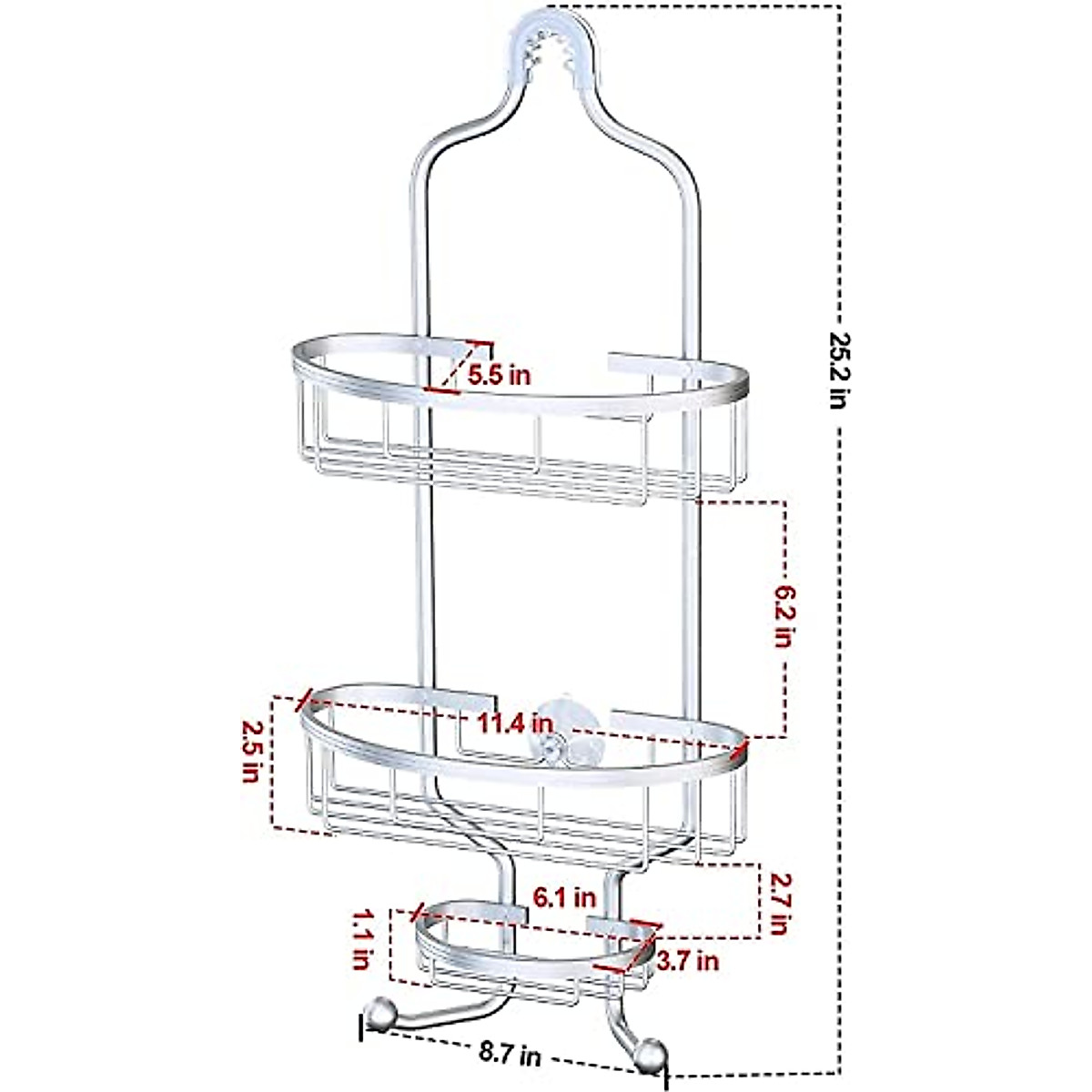 GAOKASE Shower Caddy Over Shower Head, Hanging 3-Tier Bathroom No Drilling Shower Organizer Aluminum 2-Hooks for Towel Soap Conditioner