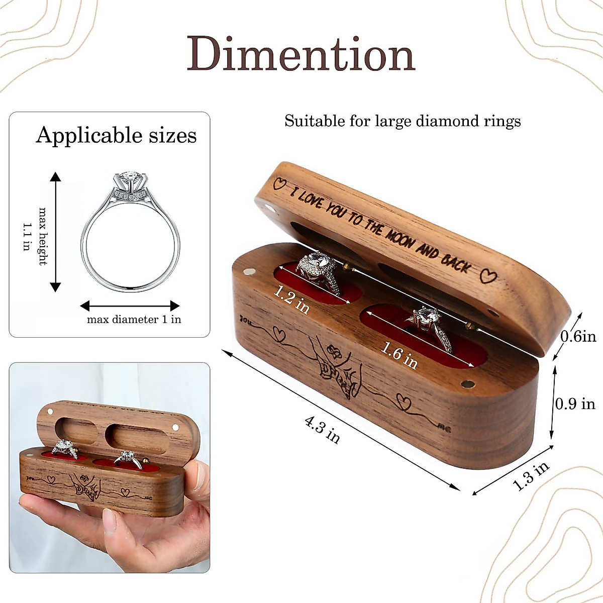Yhwocd ring box for proposal & engagement ring box & ring box for wedding ceremony，ring bearer box for 2 slots, wooden ring box,Rectangular wedding ring pillow（RED