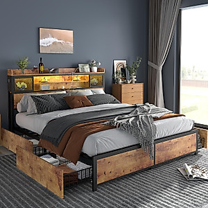 Gyfimoie Full Size Bed Frame with 4 Drawers & Headboard, Metal Frame with Power Outlet and LED Light, Easy Assembly, No Box Spring Needed, Ideal for 75" Mattress