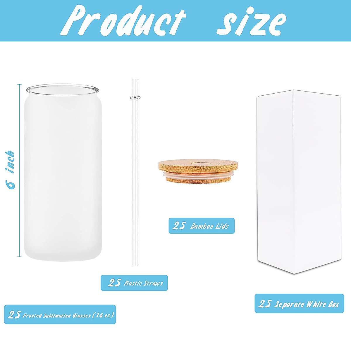 VACVOU 25 Pack 16oz Frosted Sublimation Beer Can Glass with Bamboo Lids and Straw,Glass Cups, Beer Glasses, Iced Coffee Glasses Reusable Drinking Glasses,DIY Gift(Frosted)