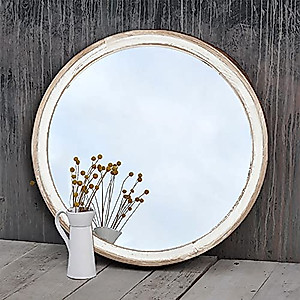 Reflinto Rustic Round Mirror 24", Hanging Wall Decorative Mirror Distressed Natural Wooden Farmhouse Frame with White Wash Edge for Bedroom, Bathroom, Living Room or Entryway