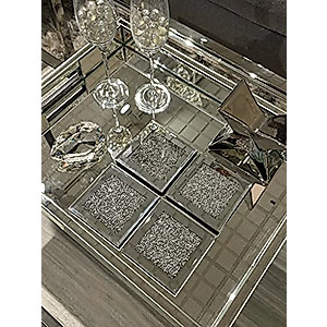 Glass Coasters for Drinks, Set of 4, Diamond Decor, Silver Crystal Coaster, Mirrored Elegant, Fancy, Glam, for Home Kitchen Table Bar Accessories, Square (4" x 4")