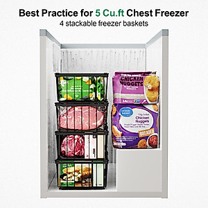 iSPECLE Freezer Organizer Bins - 4 Pack Stackable Chest Freezer Organizer for 5 Cu.FT Deep Freezer Sort Frozen Food, Deep Freezer Organizer Bins Easy to Get Food from Bottom Better Ventilation, Black