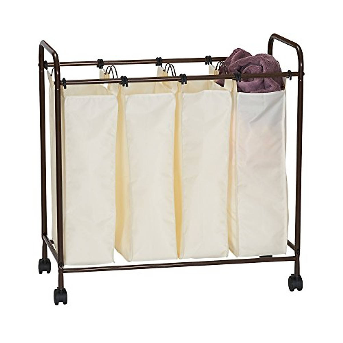 Household Essentials 7173 Rolling Quad Laundry Sorter with Removable Hamper Bags | Antique Bronze Frame