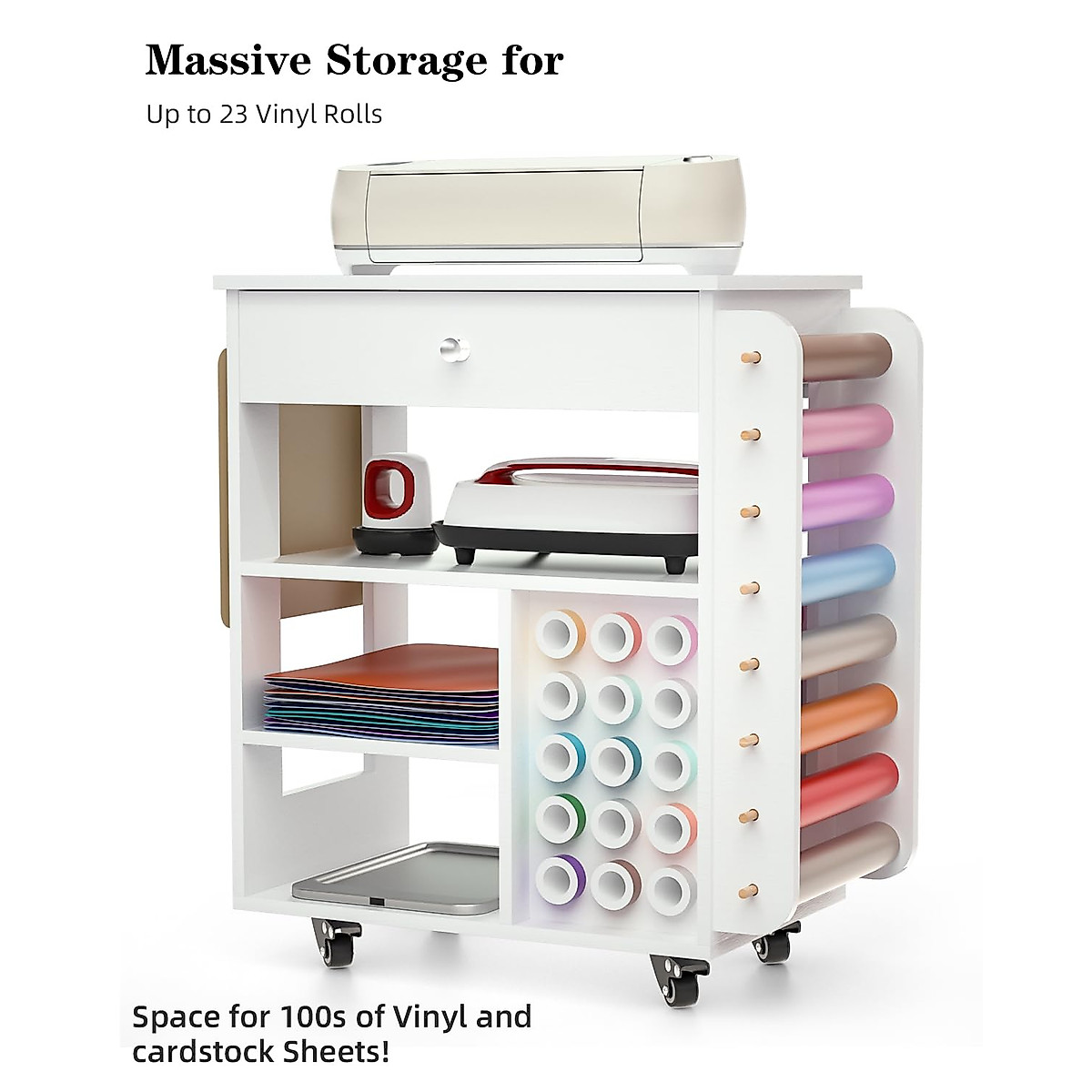Rolling Craft Cart and Storage Table for Cricut - VDamu Vinyl Roll Holder and Craft Room Organizer