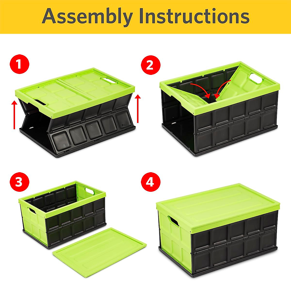 Glad Collapsible Storage Bin with Lid - 48L Foldable Plastic Box for Garage, Car Trunk, and Organization - Stackable Lidded Container with Handles, Green