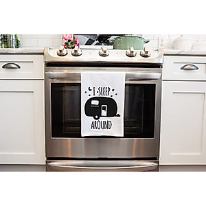 Handmade Funny I Sleep Around RV Camping Kitchen Towel - 100% Cotton Funny Sayings Dish Towel - 28x28 Inch Perfect for Housewarming Christmas Camping Gifts (I Sleep Around)