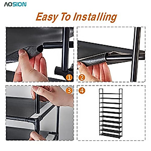 AOSION 10 Tier Shoe Rack,Shoe Rack for Closet,30-50 Pairs Tall Shoe Rack Organizer with Hooks,Large Shoe Rack with Removable,Space Saving Shoe Shelf,Non-Woven Fabric Shoe Tower,Black