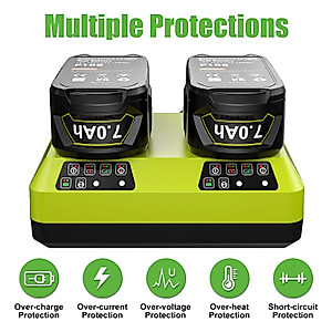 POWTREE 2Pack 7.0Ah P108 Battery + 2Port P117 Charger Dual Channel Fast Charger for Ryobi Oneplus Battery P100 P102 P103 P105 P107 P108 P118 Ryobi 18v Battery and Charger Combo