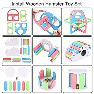Tiibot 8 Pieces Fun Hamster Toys DIY Wooden Gerbil Hideout Include Swing Seesaw Rainbow Villa Bear's Nest Fitness Circle Arch Bridge Bell Roller Snail House for Sport Exercise Small Animals, Blue