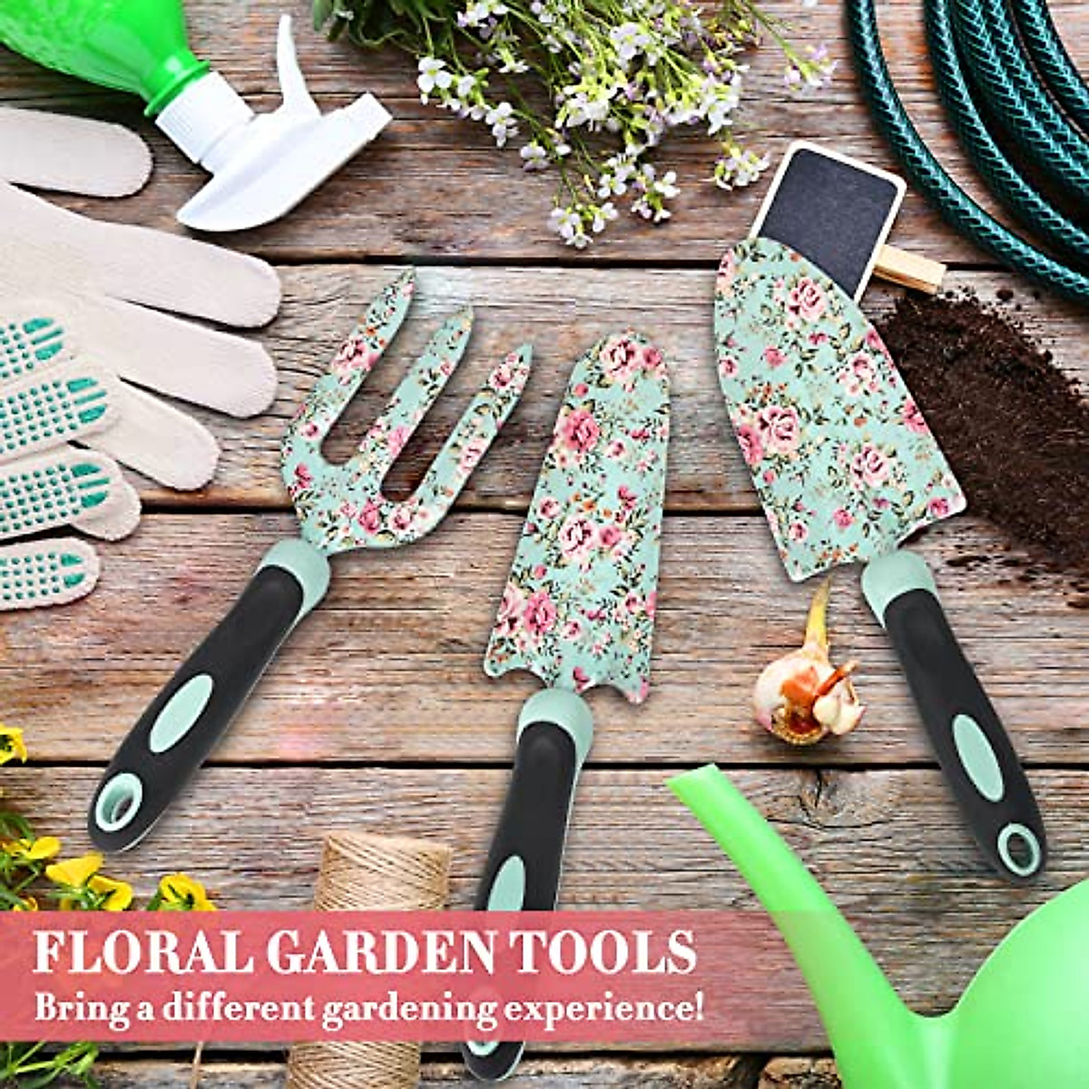 Garden Tools Set, Carsolt 4 Pcs Heavy Duty Floral Gardening Tools Kit with Non-Slip Rubber Handle, Special Gardening Gifts for Women Birthday Box (Green)