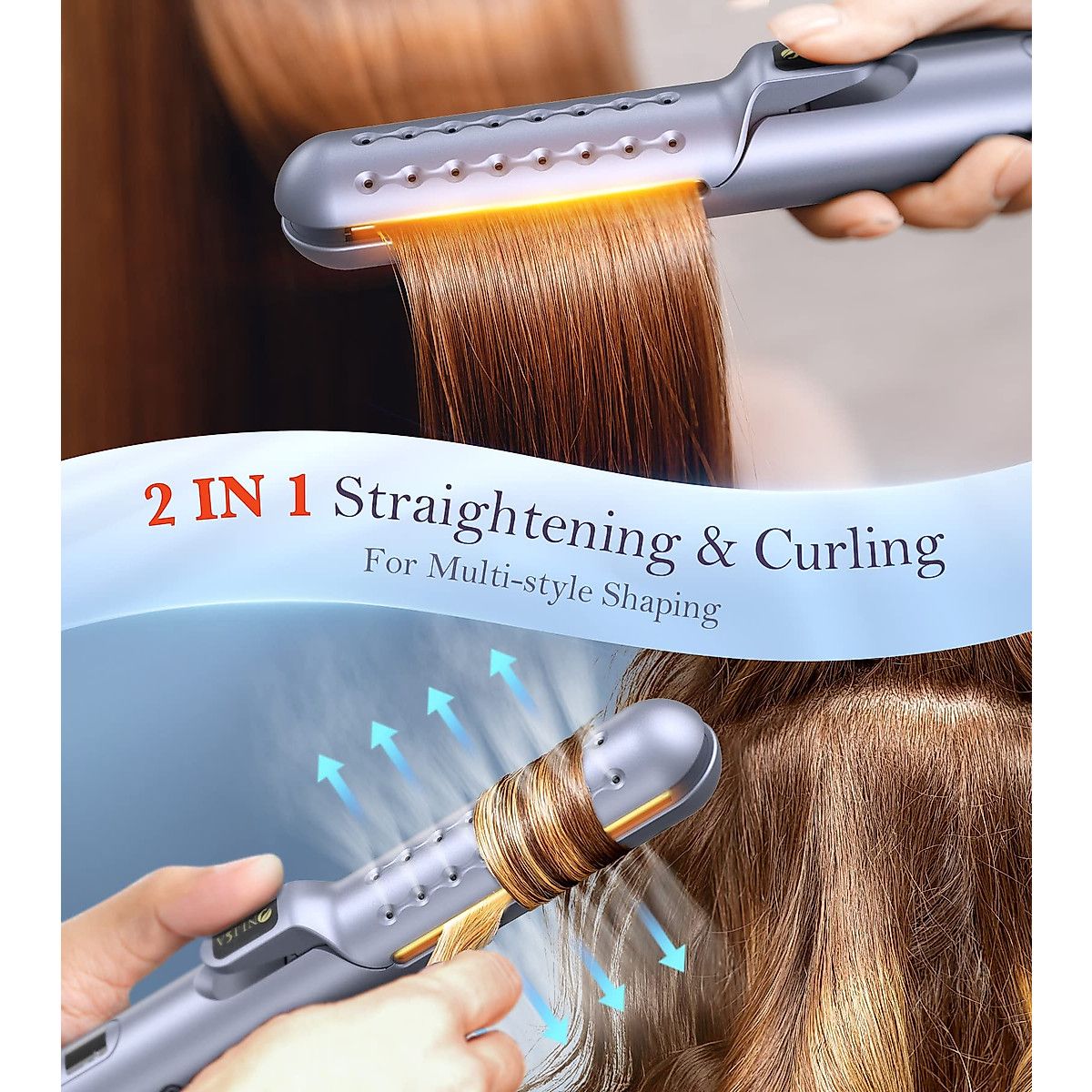 360° Airflow Hair Curling Flat Iron, 2 in 1Hair Curler & Straightener for All Styles, with 15S PTC Fast Heat-Up, 3D Floating Plate & 48 Tiny Ionic Air Vents for Better Maintain Your Look