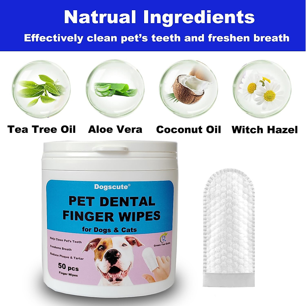 Dog Teeth Cleaning Wipes - 2 Pack | 100 Count, Dental Wipes for Dog Teeth, Pet Tooth Brushing kit Finger Wipes for Dogs & Cats - Reduces Plaque & Freshens Breath