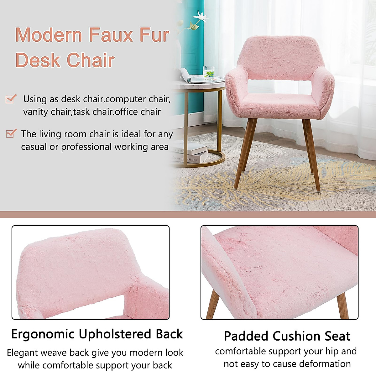 Pink Faux Fur Desk Chair with Wood Transfer Metal Legs,Furry Makeup Vanity Chair with Upholstered Back Comfy Home Office Desk Chair for Girls Women Arm Chair for Bedroom Living Room Task Chair