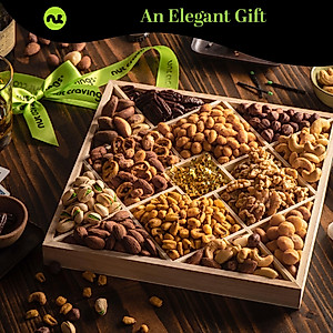 NUT CRAVINGS Gourmet Collection - Purim Mishloach Manot Mixed Nuts Gift Basket in Reusable Diamond Wooden Tray + Green Ribbon (12 Assortments) Arrangement Platter, Healthy Kosher Corporate
