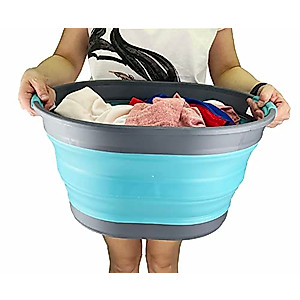 SAMMART 23L (6 Gallons) Collapsible Plastic Laundry Basket - Oval Tub/Basket - Foldable Storage Container/Organizer - Portable Washing Tub - Space Saving Laundry Hamper (Grey/Crystal Blue)