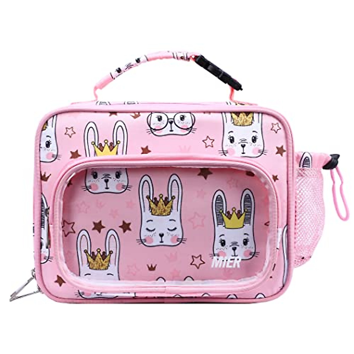 MIER Lunch Bags for Kids Boys Girls Toddlers Cute Insulated Lunch Box Tote School Lunchbox Kit with External Water Bottle Holder/Clear Zipper Pocket (Light Pink-Rabbit)