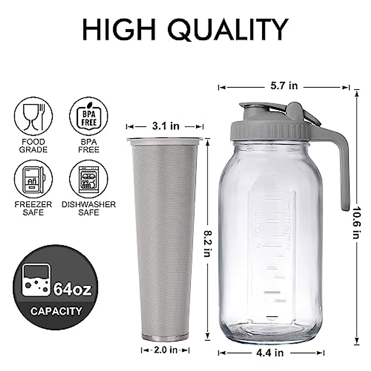 Cold Brew Mason Jar iced Coffee Maker, Durable Glass, - 64 oz (2 Quart / 1.9 Liter), With Handle& Stainless Steel Filter for Iced Brew Coffee, Lemonade, Ice Tea, Homemade Fruit Drinks Container