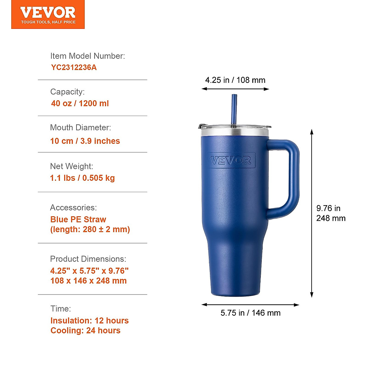 VEVOR 40 oz Insulated Water Bottle, Stainless Steel Sports Coffee Cup with Lid, Handheld Travel Coffee Mug Double Walled, Camping Hydration Flask Leakproof, for Indoor/Outdoor School, Work, Blue