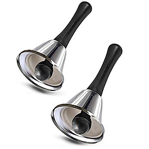 [2 Pack] Silver Steel Call Bells with Handle - Hand Bell Ring, Bed Alarm Elderly Assistance, School Teacher Classroom Doorbell, Office Reception Desk Restaurant Counter Tea Table Ringer Instrument