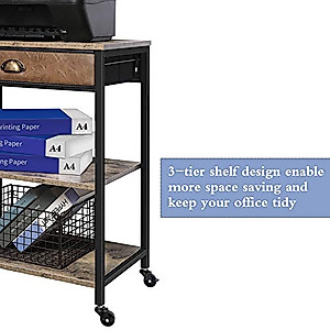 X-cosrack Deskside Mobile Printer Stand with Storage Drawer, 3 Tier Printer Table Cart with Wheel,Workspace Desk Organizer Shelf for Home Office, Rustic Brown