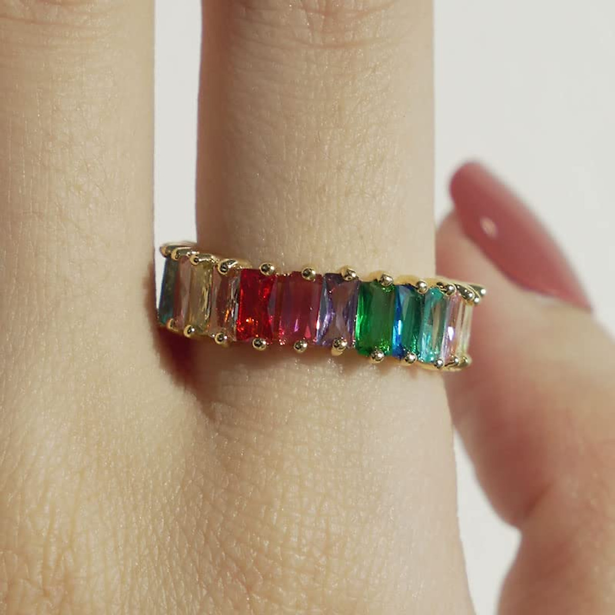 Michooyel Eternity Rainbow Ring Band Ring for Women 18K Gold Plated Baguette Multicolor Cubic Zirconia Eternity Ring