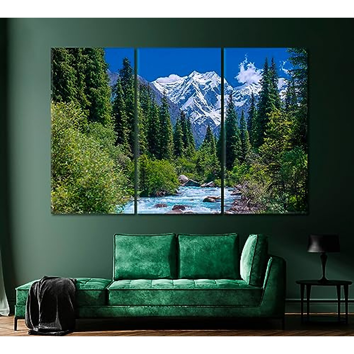 Spruce Forest near a Stormy River and Snowy Mountains Kyrgyzstan Canvas Print 3 Panels / 36x24 inches