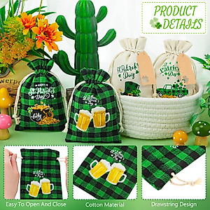 20 Pieces St Patrick's Day Party Favor Bags with Drawstring 4 x 6 Inches Lucky Shamrock Cotton Candy Pouch Sacks Irish Gift Plaid Treat Bag with 20 Tags for Saint Patrick's Day Irish Party Supplies