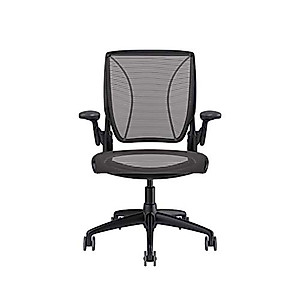 Humanscale Diffrient World Task Chair | Black Pinstrip Mesh Seat and Back | Black Frame, Black Trim | Height-Adjustable Duron Arms | Standard Foam Seat, 3" Carpet Casters, 5" Cylinder