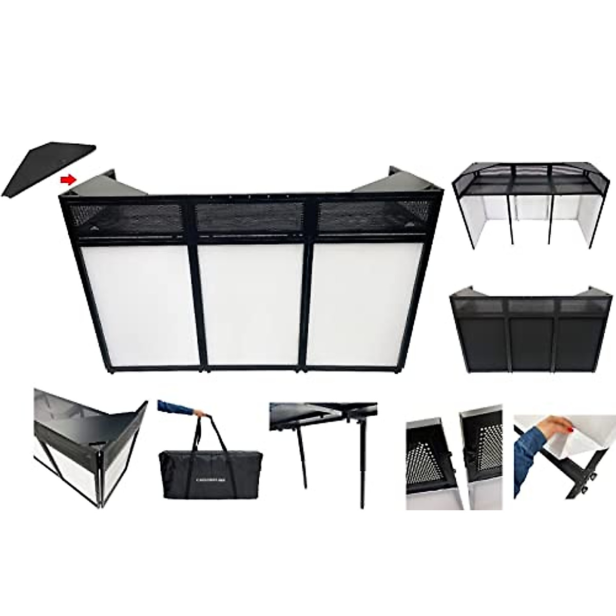 Mega 73" Wide DJ Event Facade White/Black Scrim Booth Two Top Corner Table Tops Largest DJ Facade Booth Available! Lightweight Aluminum