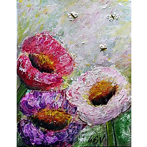 Bees and Flowers, Boho Whimsy Colorful Botanical Floral Oil Painting, BEE FARM